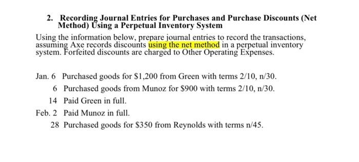 Solved 2. Recording Journal Entries for Purchases and | Chegg.com