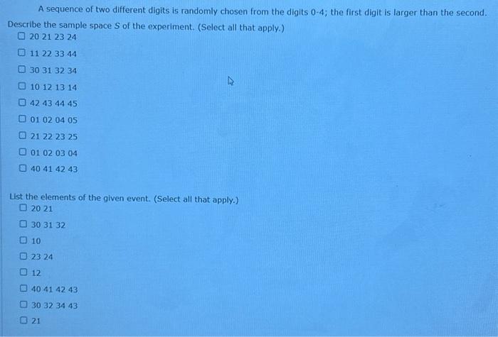 Solved A sequence of two different digits is randomly chosen | Chegg.com