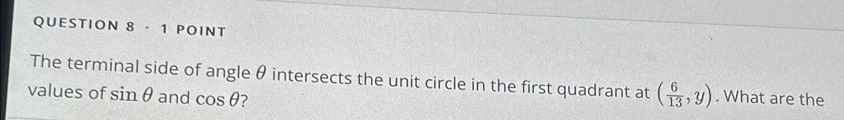 Solved QUESTION 8 - 1 ﻿POINTThe terminal side of angle θ | Chegg.com