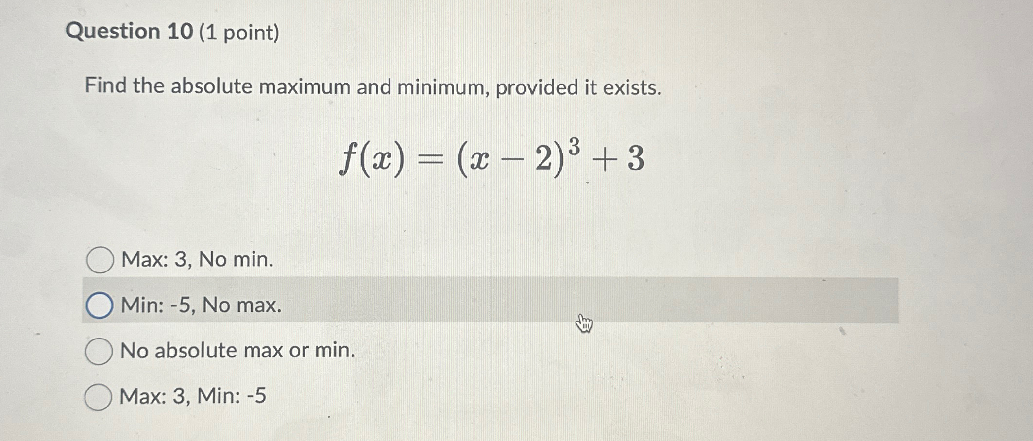 Solved Question 10 (1 ﻿point)Find the absolute maximum and | Chegg.com