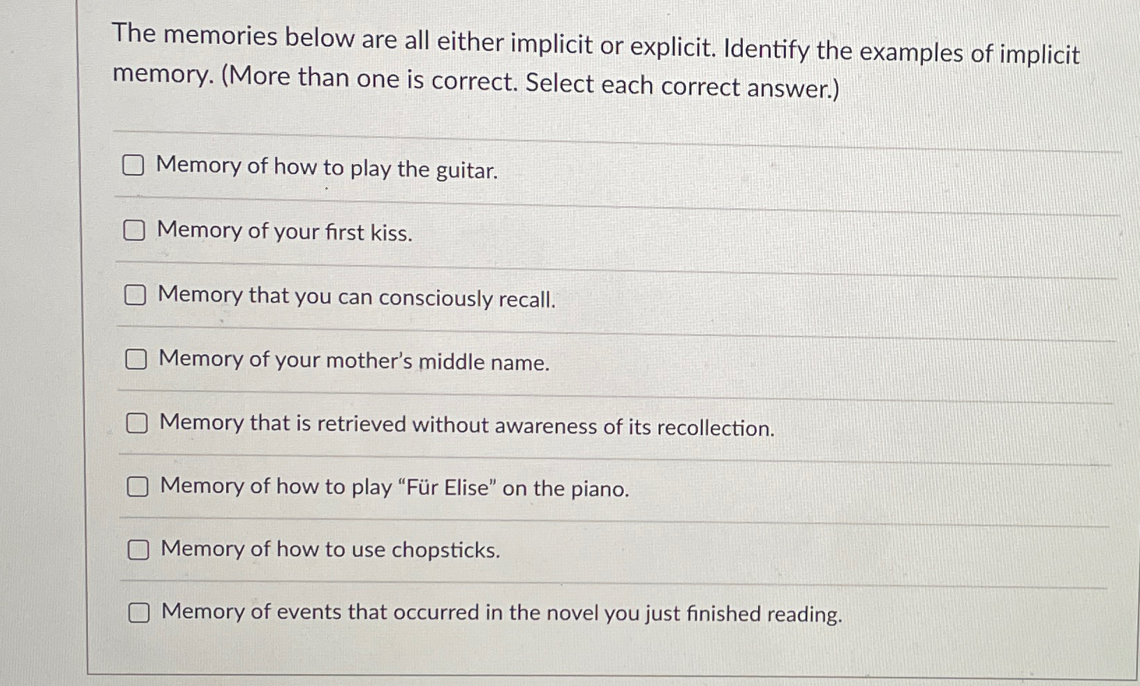 Solved The memories below are all either implicit or | Chegg.com