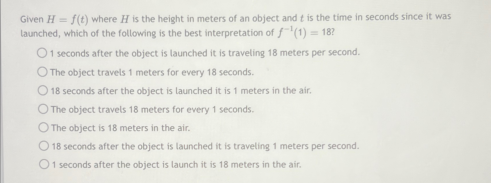 Solved Given H=f(t) ﻿where H ﻿is the height in meters of an | Chegg.com