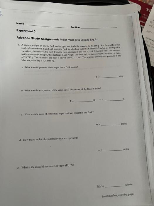 Solved TI 14 Vio Mol Name Section Experiment 5 Advance Study | Chegg.com