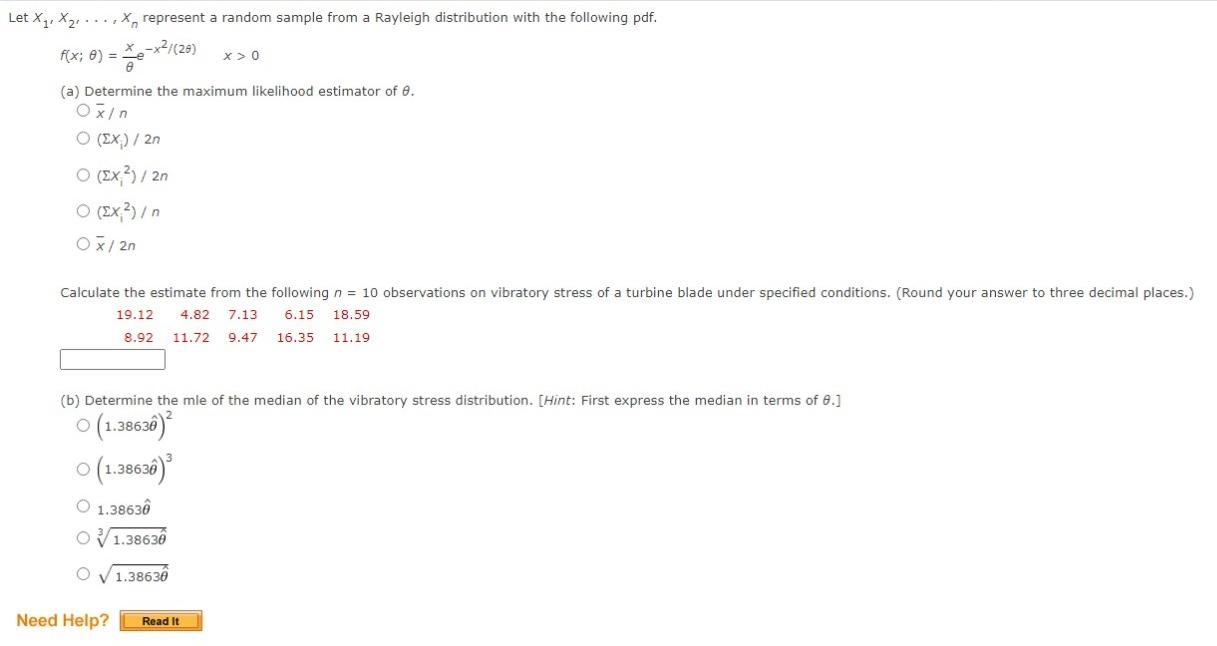 Solved x1,x2,…,xn represent a random sample from a Rayleigh | Chegg.com