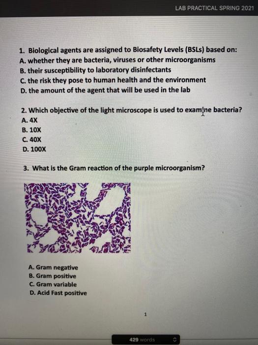 Solved LAB PRACTICAL SPRING 2021 1. Biological agents are | Chegg.com