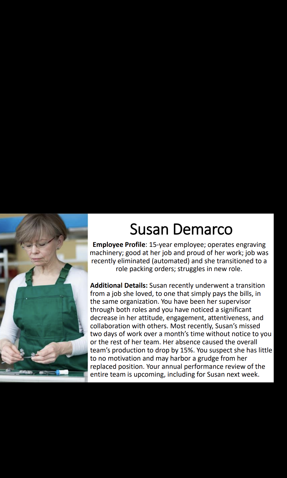 Solved Susan Demarco Employee Profile: 15-year employee; | Chegg.com