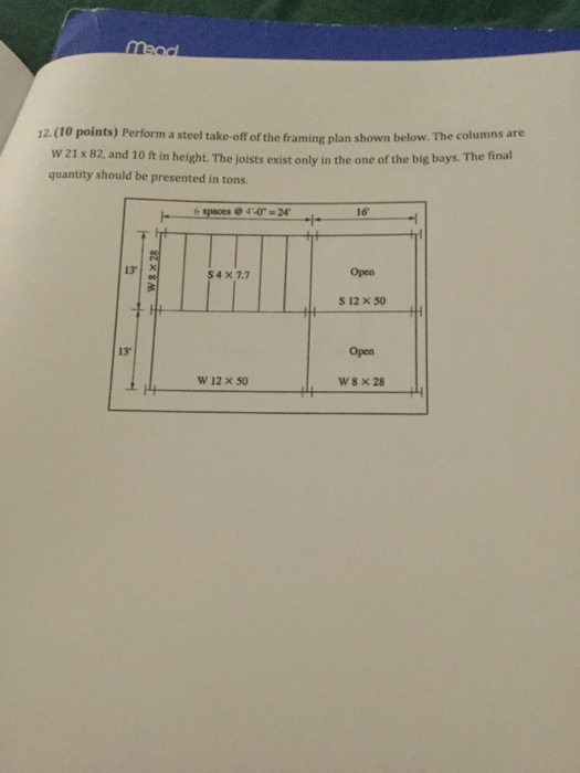 Solved 12. (10 points) Perform a steel take off of the | Chegg.com