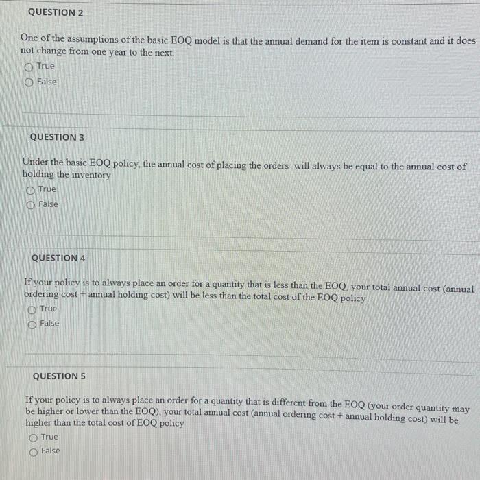 Solved QUESTION 2 One of the assumptions of the basic EOQ | Chegg.com
