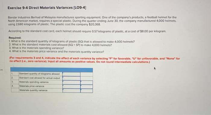 Solved Exercise 9-4 Direct Materials Variances (LO9-4] | Chegg.com
