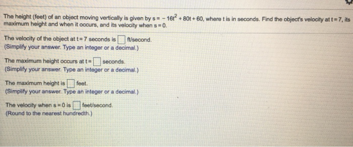 Solved The height (feet) of an object moving vertically is | Chegg.com