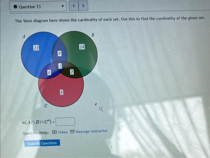 Solved The Venn diagram here shows the cardinality of each | Chegg.com