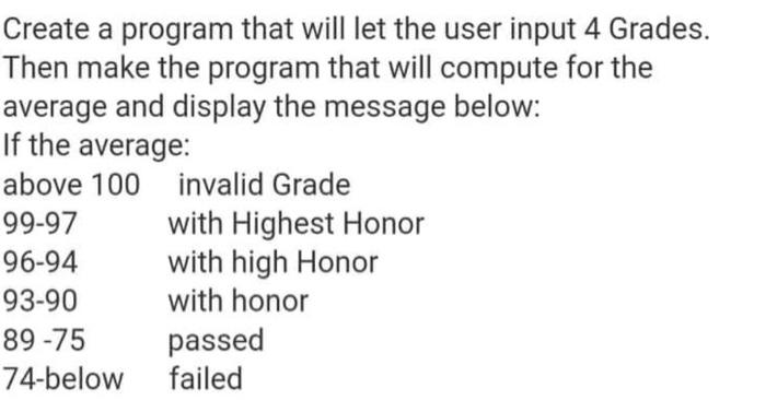 Solved Create a program that will let the user input 4 | Chegg.com