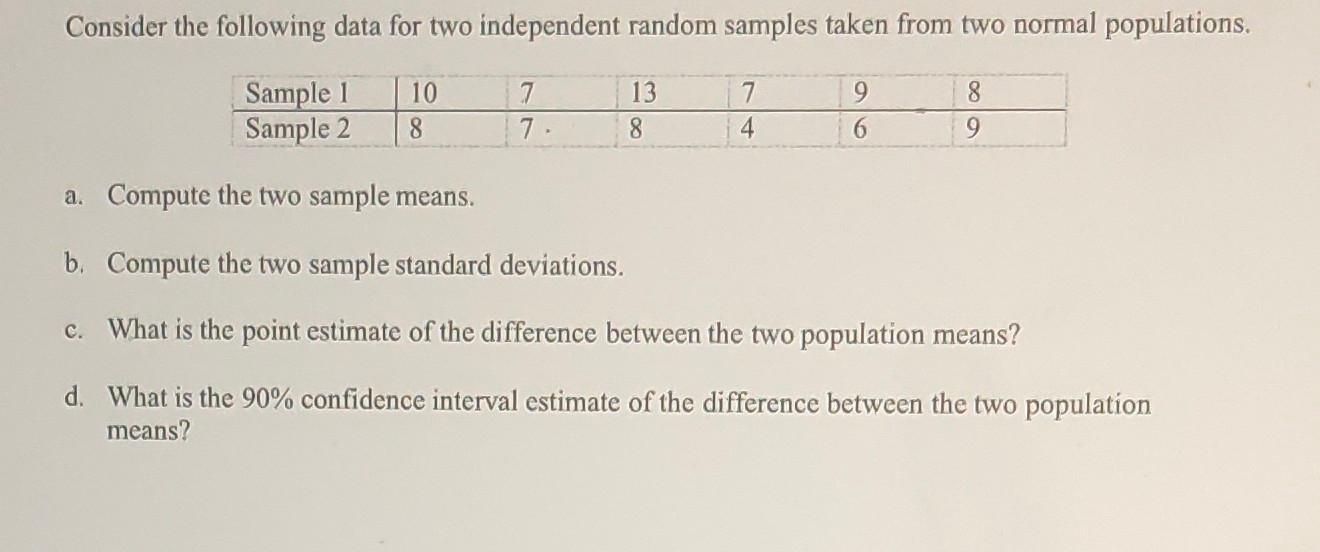Solved a. Compute the two sample means. b. Compute the two | Chegg.com