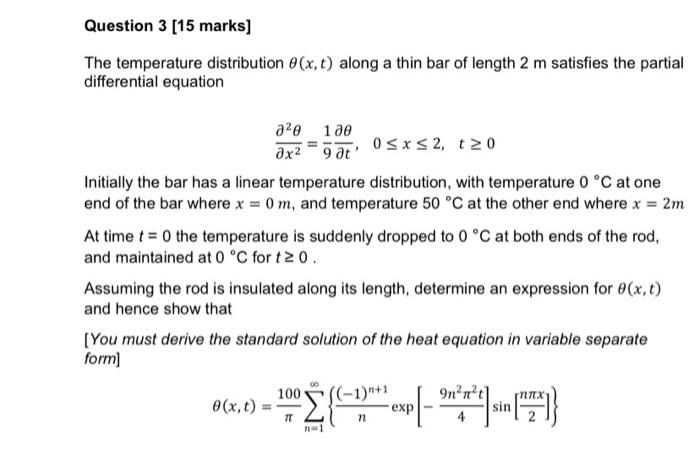Solved The temperature distribution θ(x,t) along a thin bar | Chegg.com