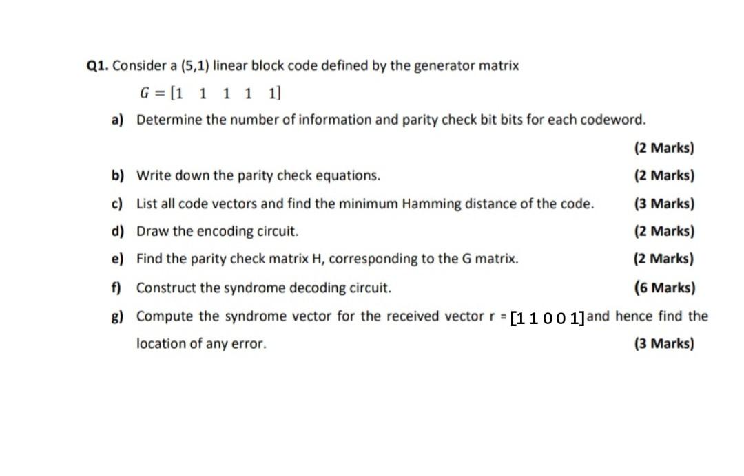 Solved Q1. Consider a (5,1) linear block code defined by the | Chegg.com