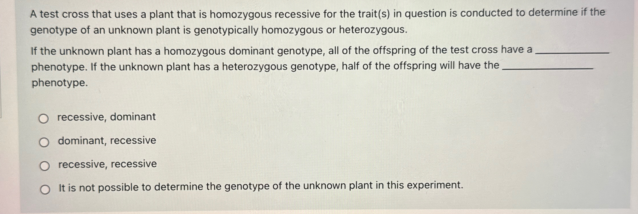 Solved A test cross that uses a plant that is homozygous | Chegg.com