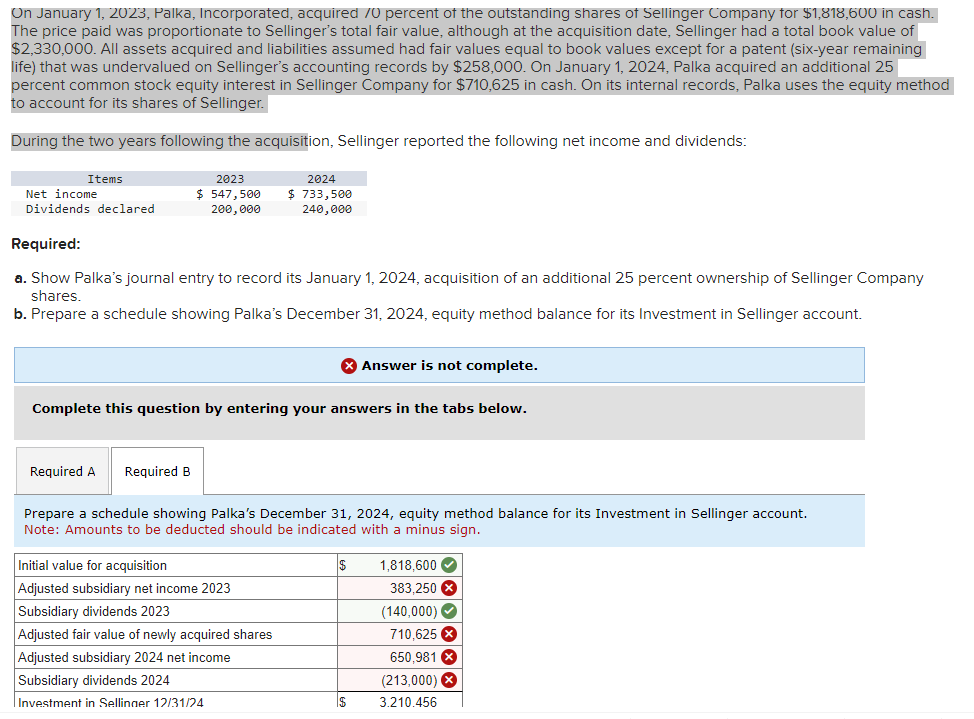 Solved On January 1, 2023, ﻿Palka, Incorporated, acquired 70 | Chegg.com