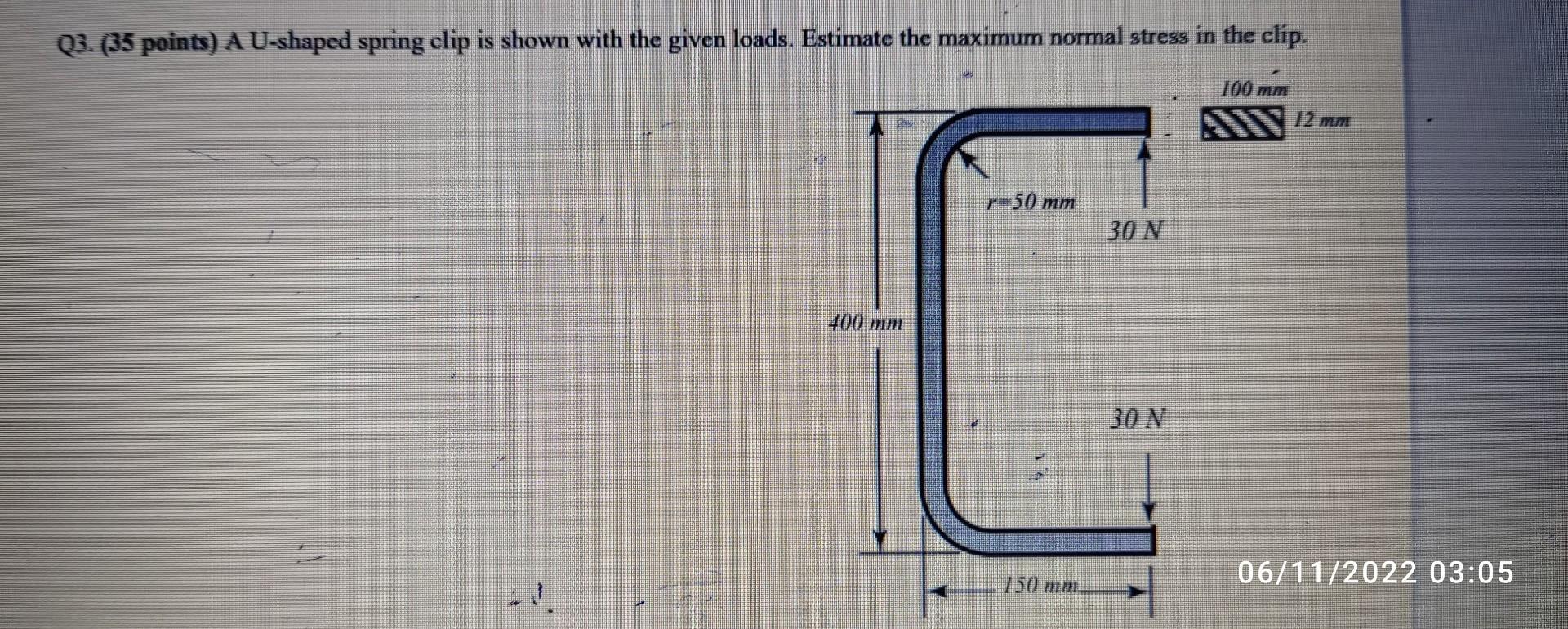Solved Q3. (35 points) A U-shaped spring clip is shown with | Chegg.com