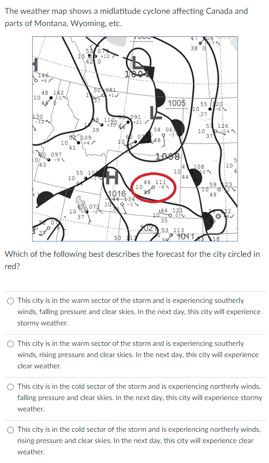 Solved The weather map shows a midlatitude cyclone affecting | Chegg.com