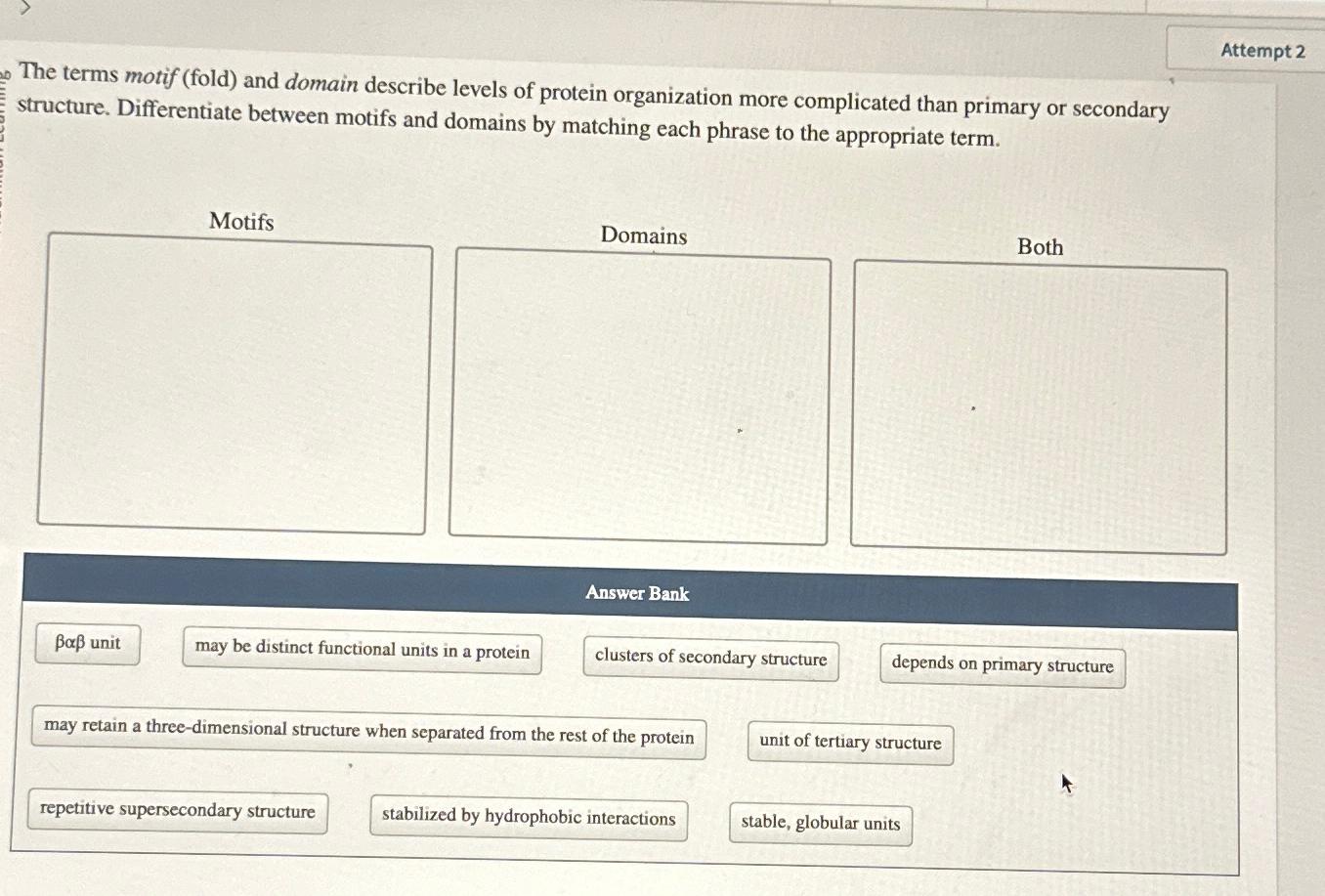 Solved Attempt 2The terms motif (fold) ﻿and domain describe | Chegg.com