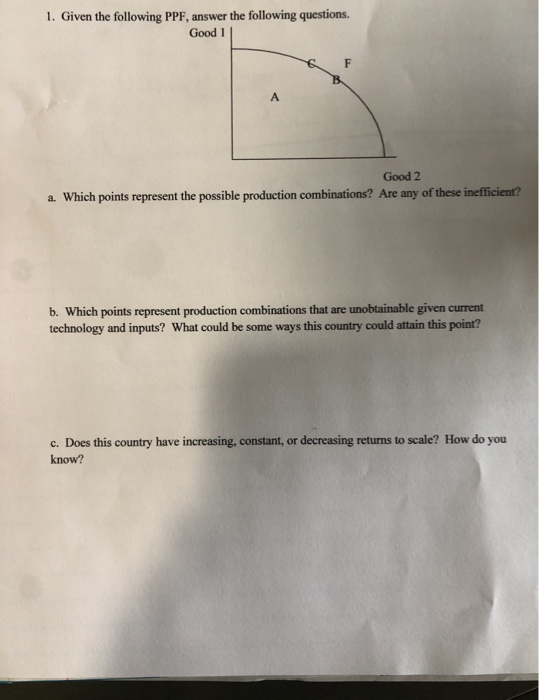 Solved 1. Given the following PPF, answer the following | Chegg.com