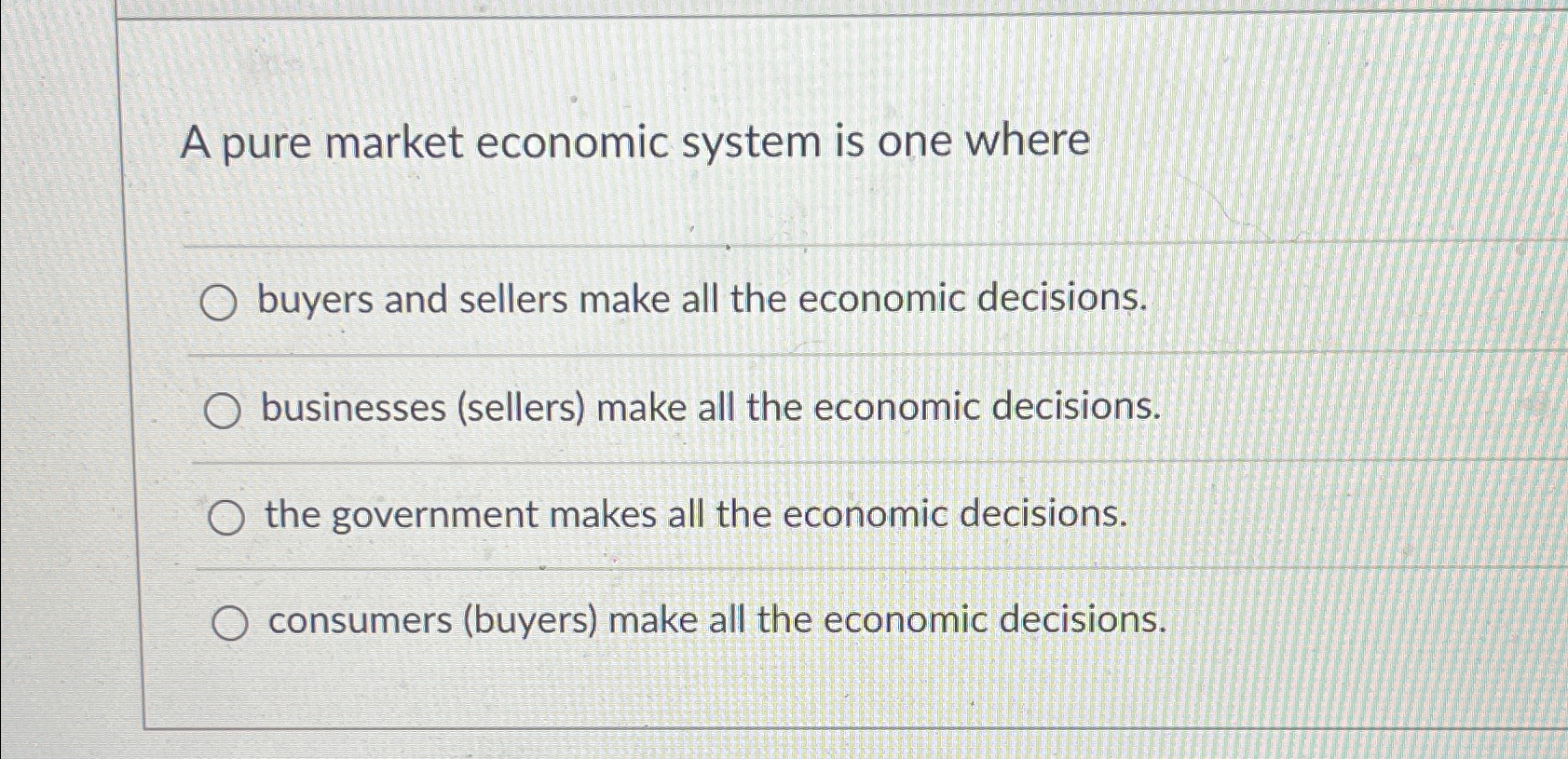 Solved A pure market economic system is one wherebuyers and | Chegg.com