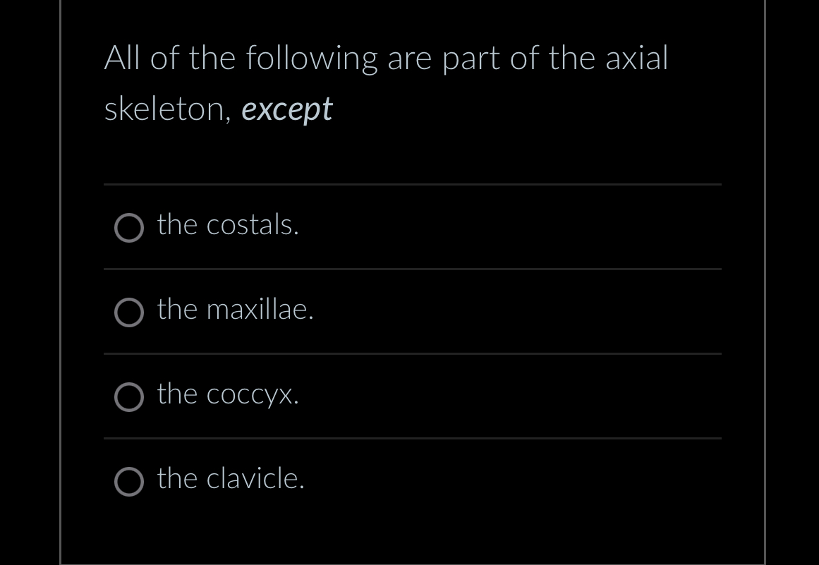 Solved All of the following are part of the axial skeleton, | Chegg.com