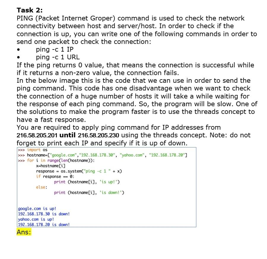 Solved Task 2: PING (Packet Internet Groper) command is used | Chegg.com