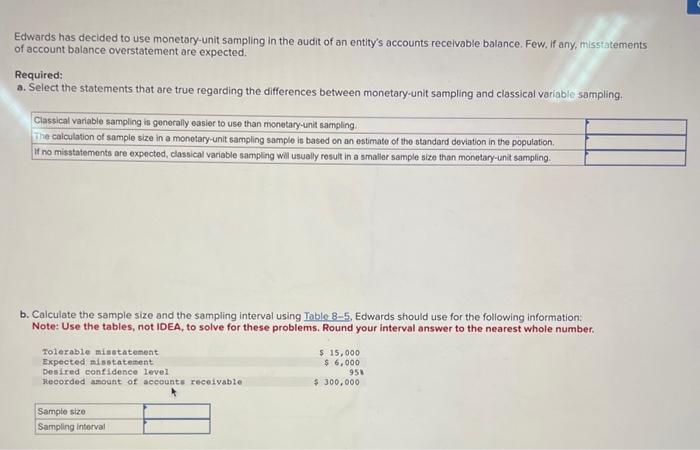 Solved Edwards has decided to use monetary-unit sampling in | Chegg.com
