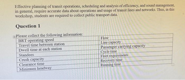 Solved Effective planning of transit operations, scheduling | Chegg.com