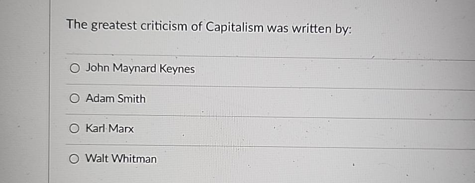 Solved The greatest criticism of Capitalism was written | Chegg.com