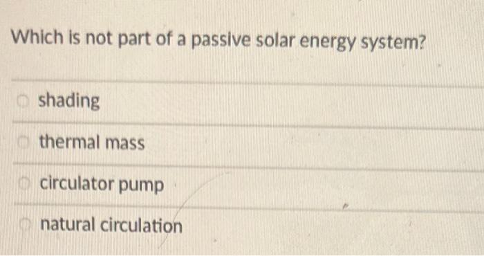 Solved Which is not part of a passive solar energy system? | Chegg.com