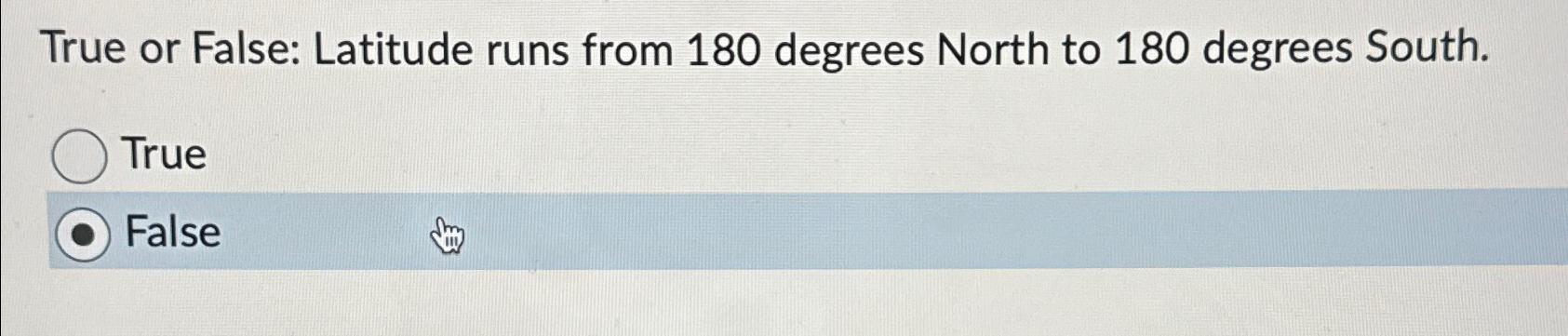 Solved True or False: Latitude runs from 180 ﻿degrees North | Chegg.com