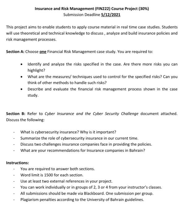 Insurance and Risk Management (FIN222) Course Project | Chegg.com
