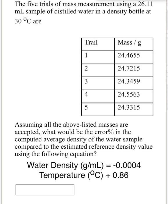 Solved The five trials of mass measurement using a 26.11 mL | Chegg.com