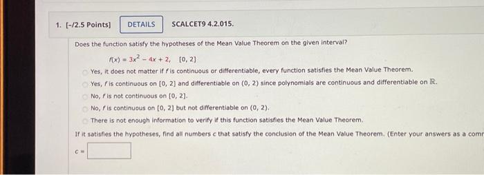 Solved Does the function satisfy the hypotheses of the Mean | Chegg.com
