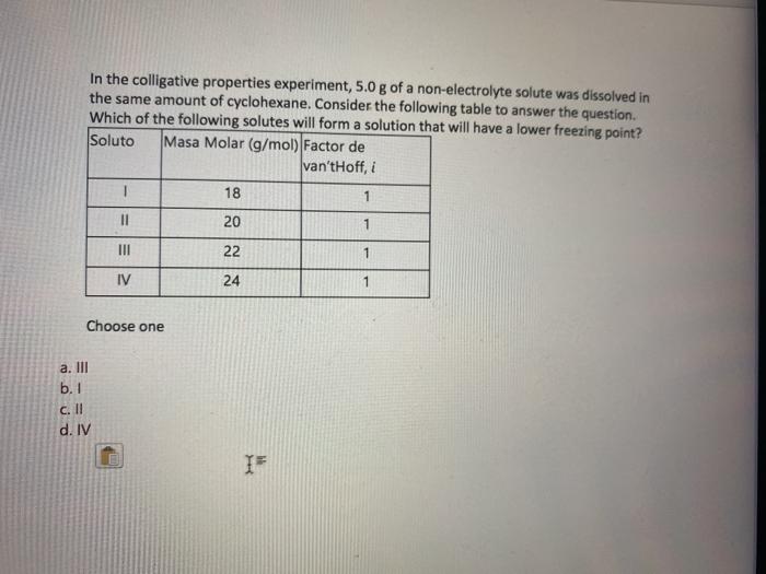Solved In the colligative properties experiment, 5.0 g of a | Chegg.com