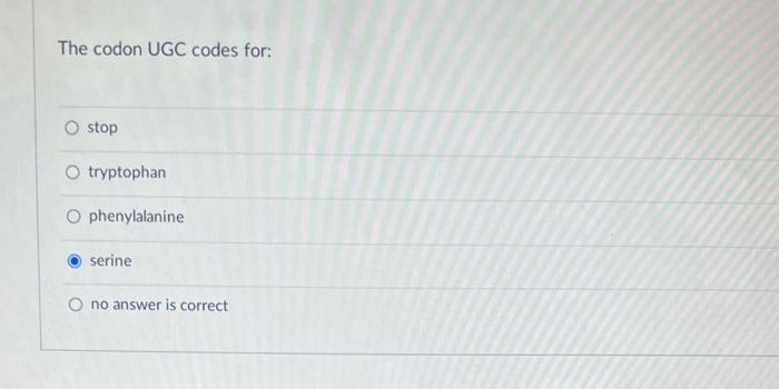 Solved The codon UGC codes for: stop tryptophan | Chegg.com