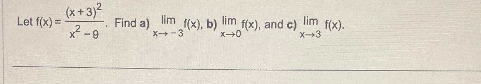 Solved Let f(x)=(x+3)2x2-9. ﻿Find a) limx→-3f(x), | Chegg.com