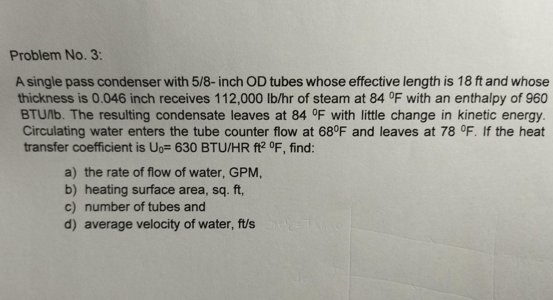 Solved Problem No. 3: A single pass condenser with 5/8-inch | Chegg.com