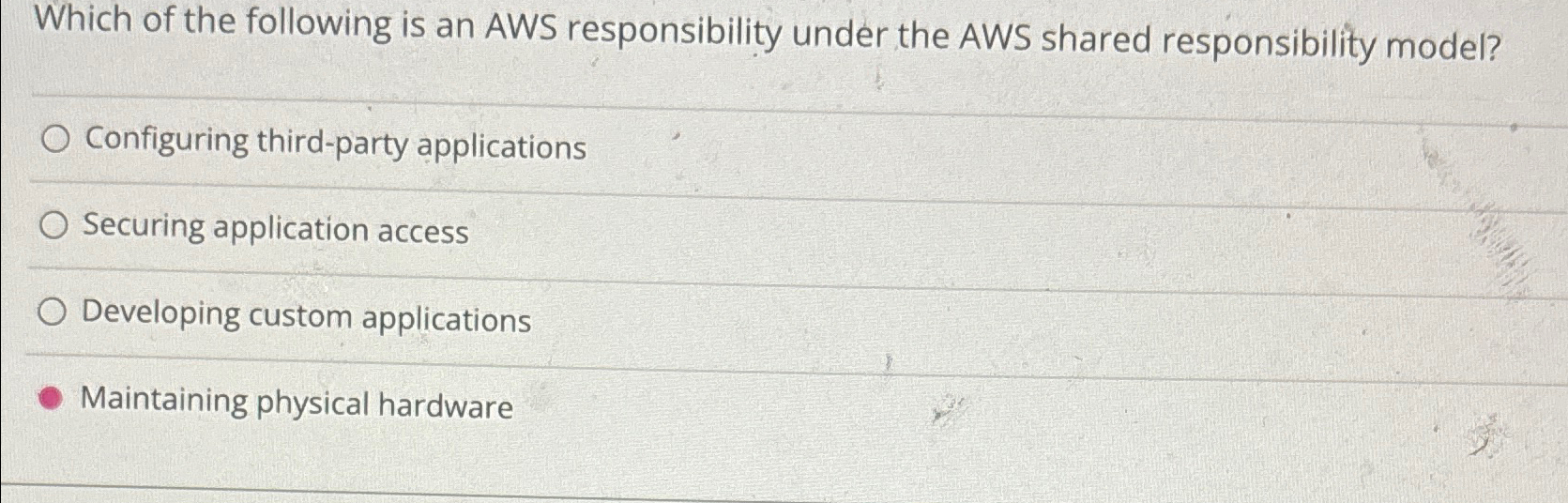 Solved Which of the following is an AWS responsibility under | Chegg.com
