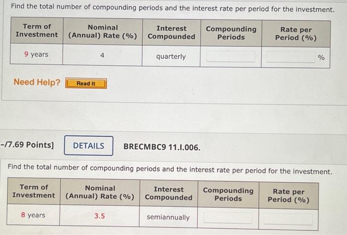 Solved Find the total number of compounding periods and the | Chegg.com