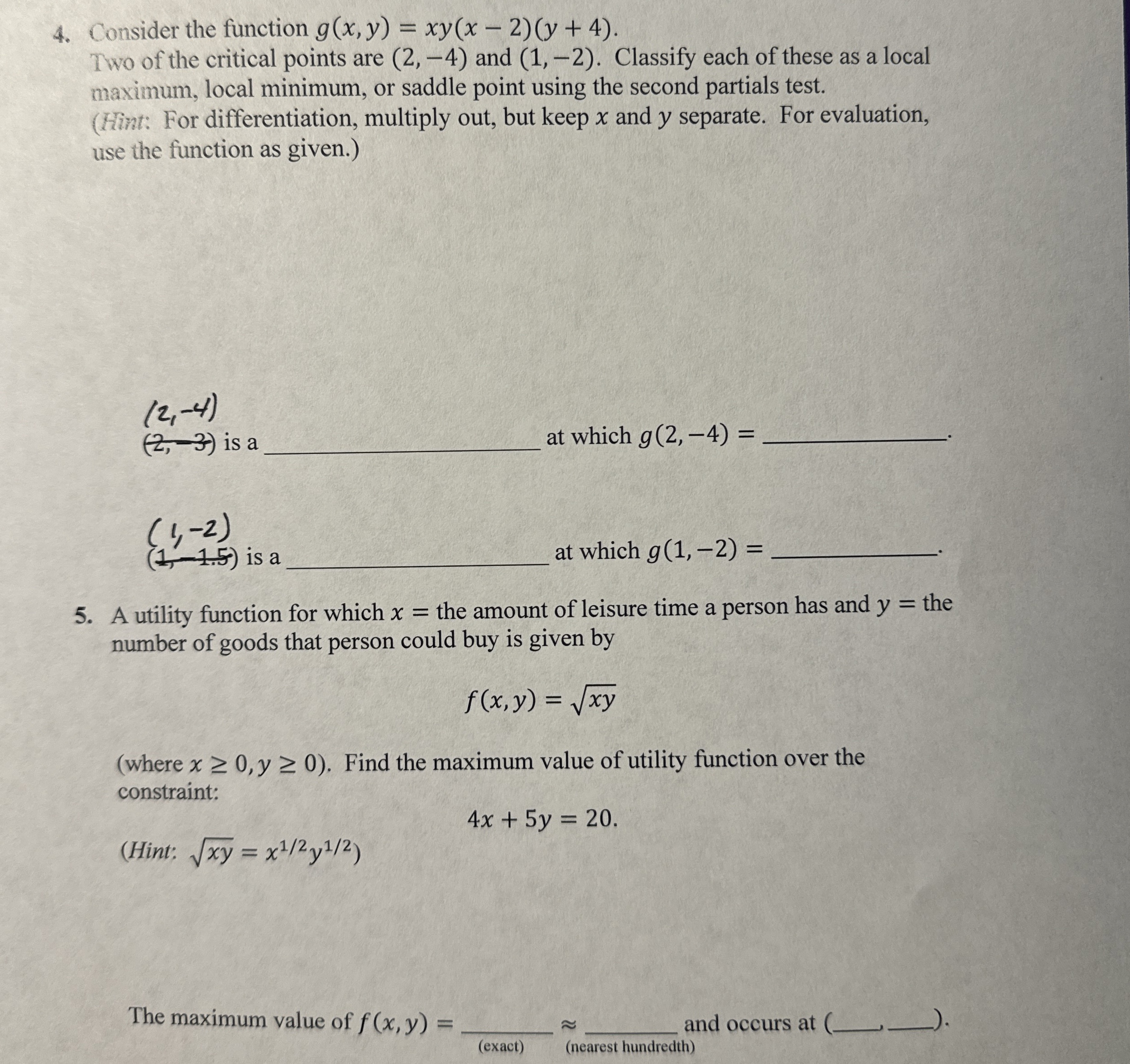 Solved Consider the function g(x,y)=xy(x-2)(y+4). ﻿Two of | Chegg.com