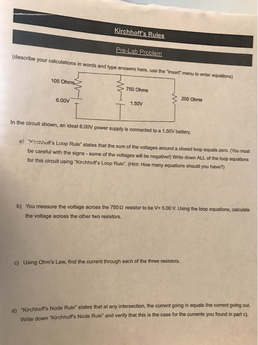 Solved Kirchhoff's Rules Pre-Lab Problem (describe your | Chegg.com