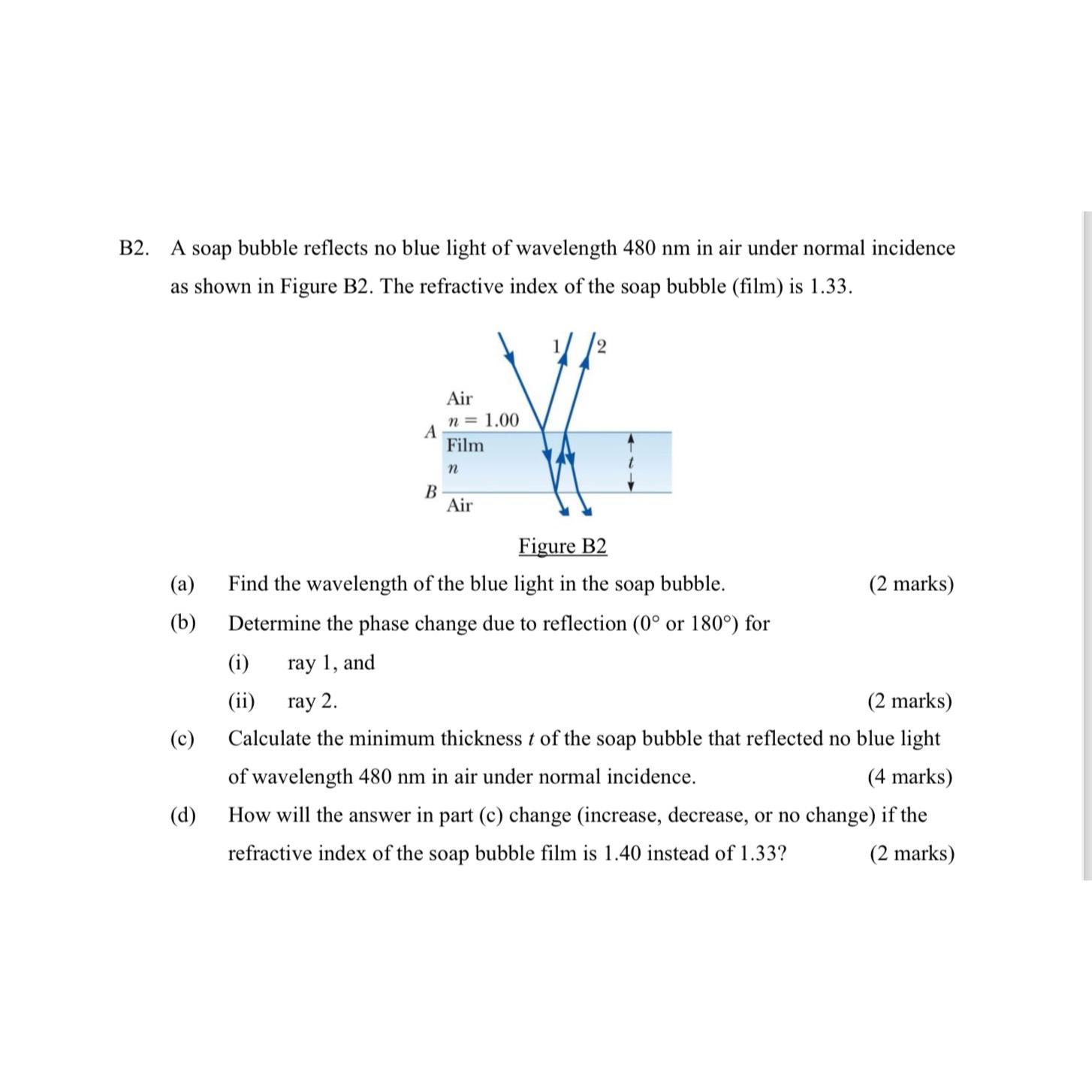 Solved B2. ﻿A soap bubble reflects no blue light of | Chegg.com
