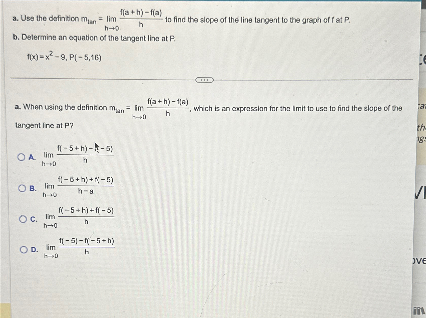Solved a. ﻿Use the definition mtan=limh→0f(a+h)-f(a)h ﻿to | Chegg.com