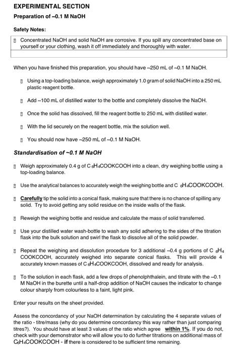 Solved Preparation of -0.1 M NaOH Mass of NaOH (approximate | Chegg.com