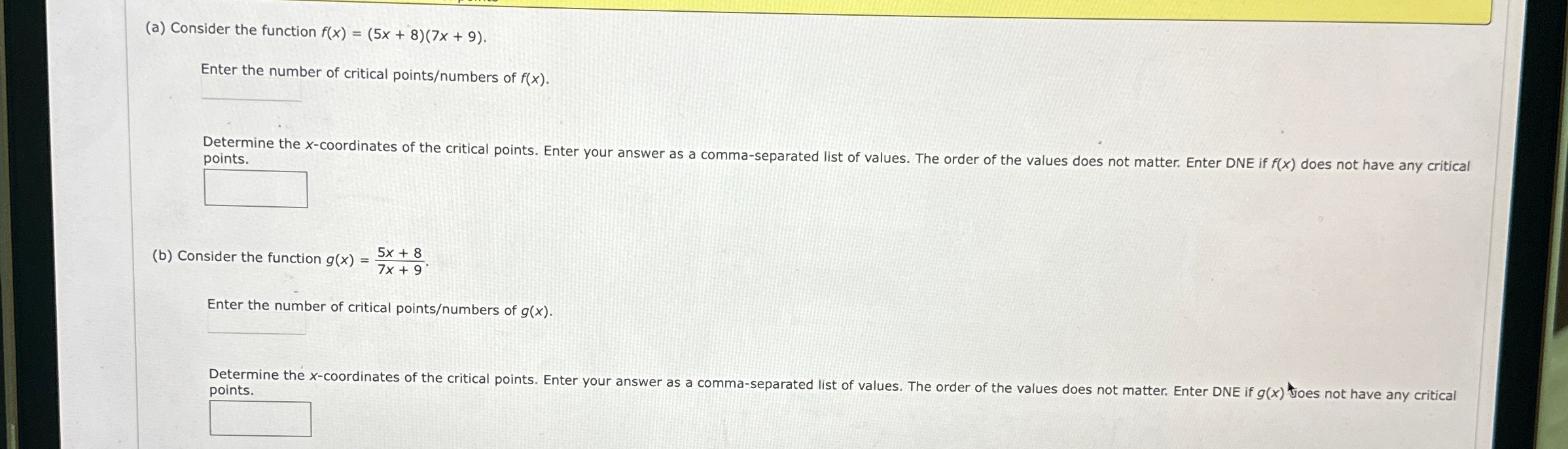 Solved (a) ﻿Consider the function f(x)=(5x+8)(7x+9).Enter | Chegg.com
