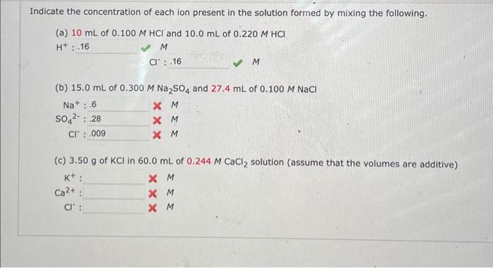 Solved Indicate the concentration of each ion present in the | Chegg.com