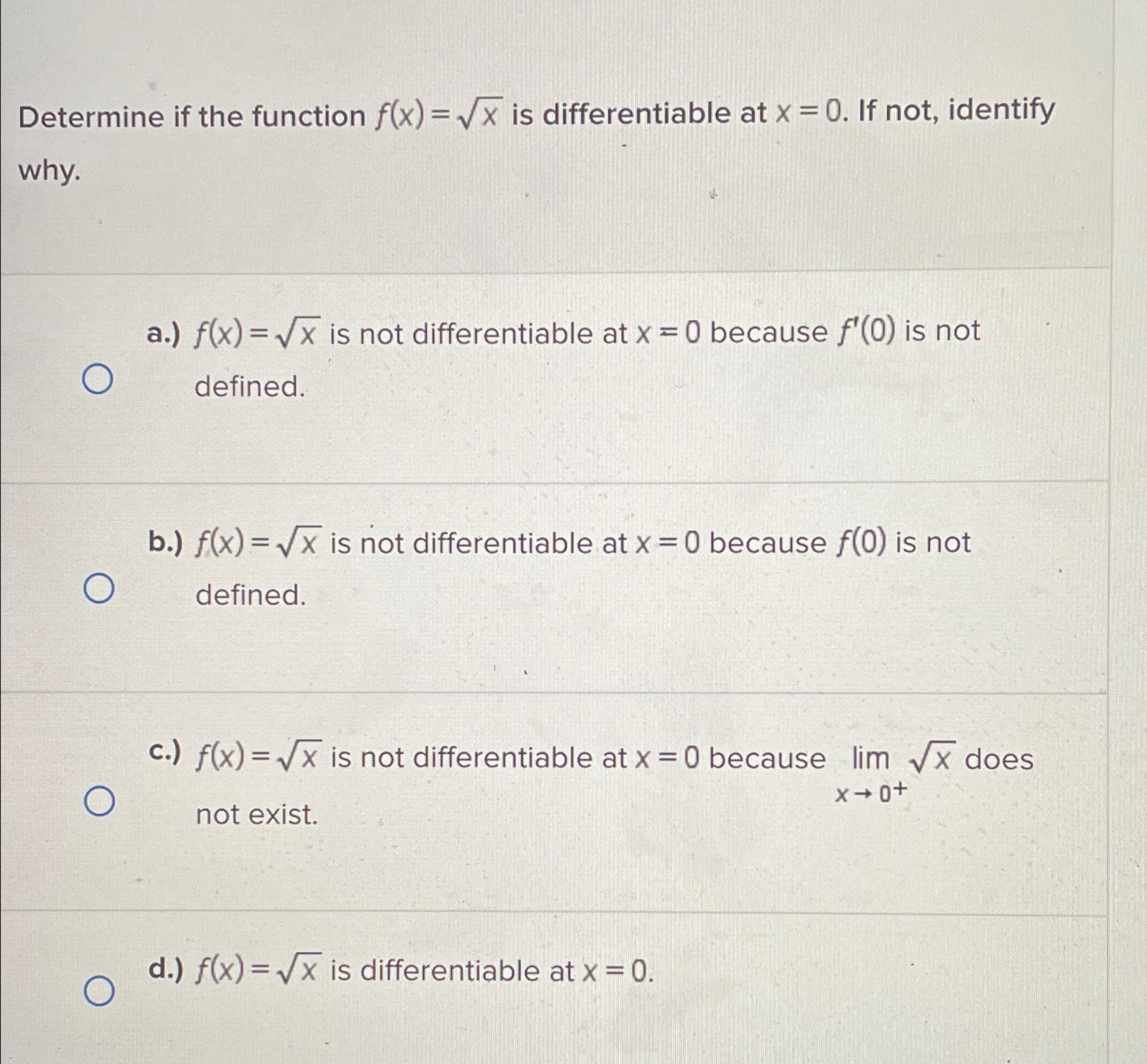 Solved Determine if the function f(x)=x2 ﻿is differentiable | Chegg.com